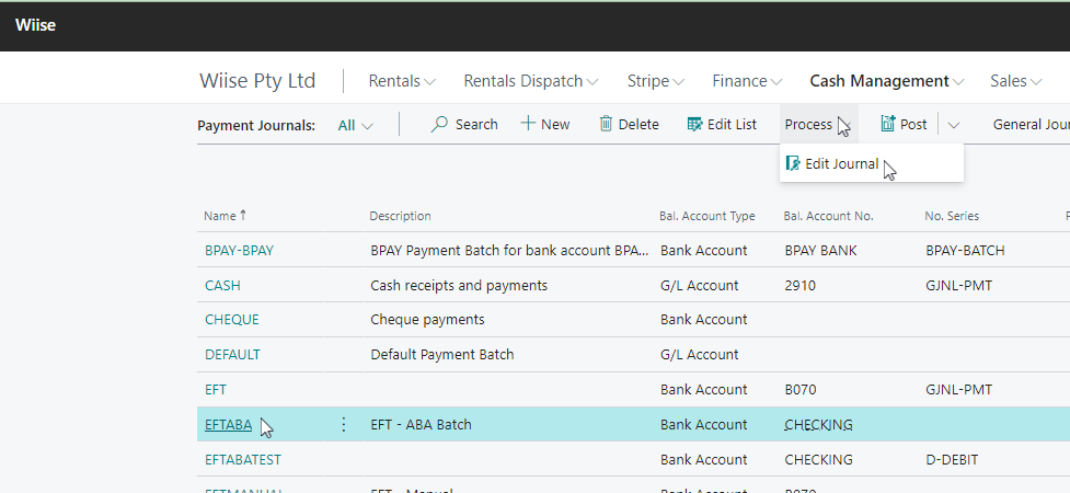 Use a payment journal to create EFT payments